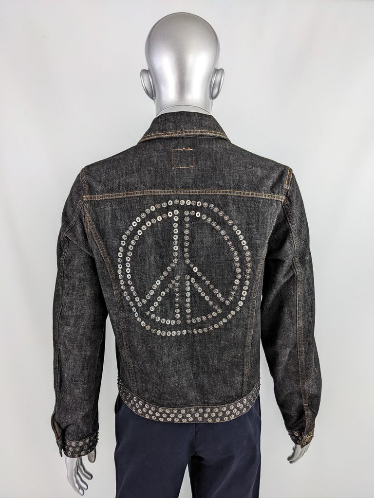 Moschino Mens Vintage Studded Peace Sign Black Denim Jean Jacket, 1990s ...