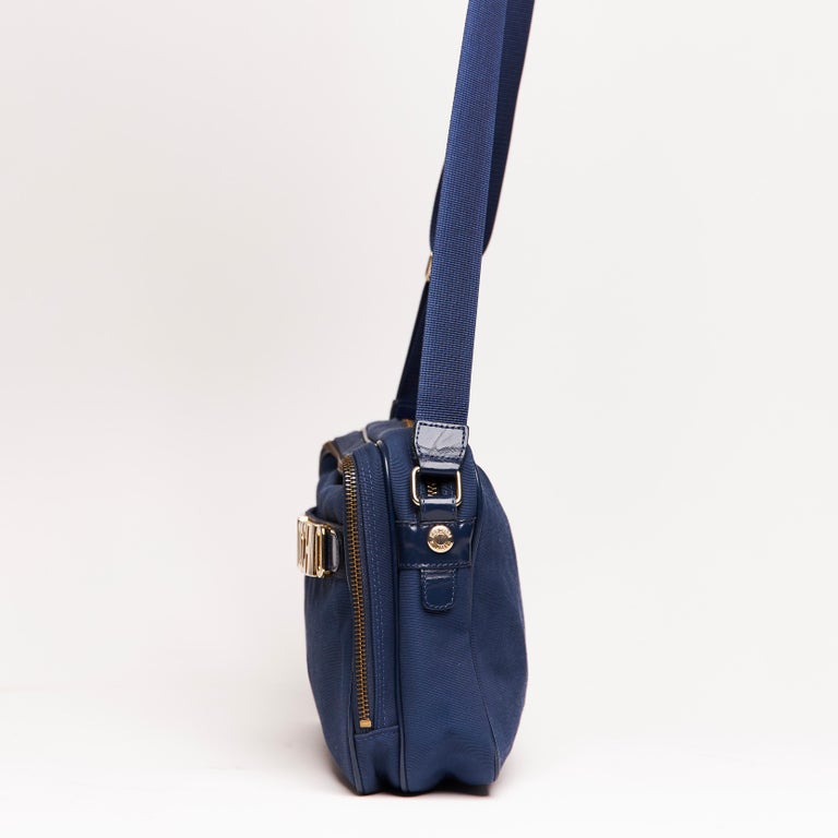Moschino Monogram Navy Blue Camera Bag For Sale at 1stDibs
