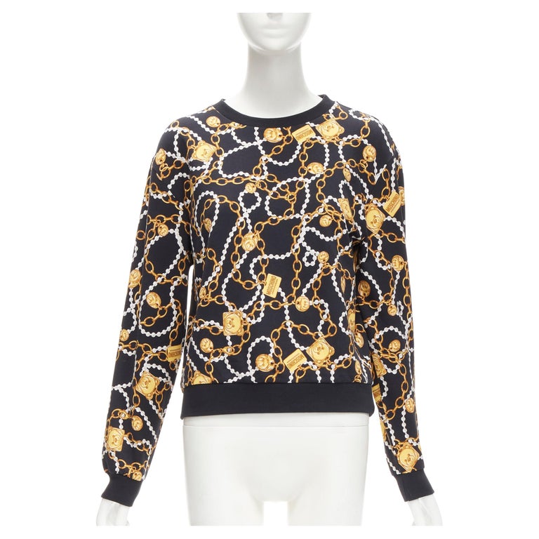 MOSCHINO UNDERWEAR black gold teddy bear chain pearl print sweatshirt S ...