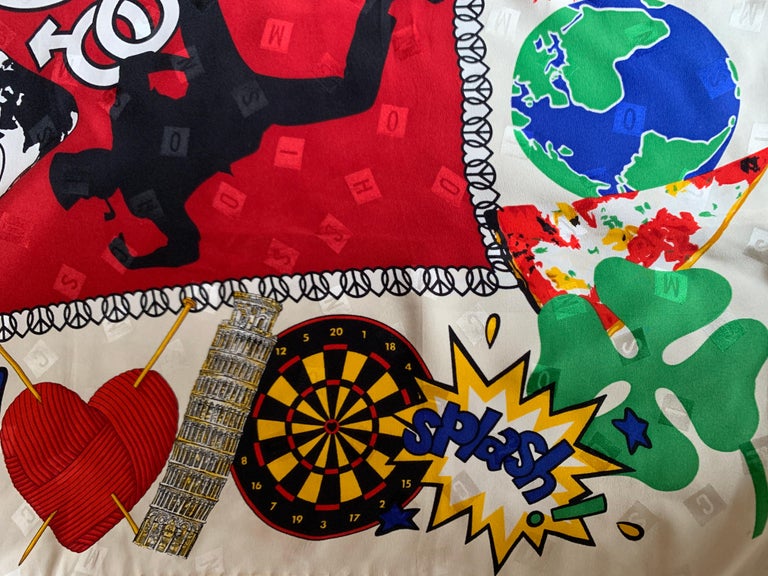 Moschino Vintage 90s Italian Logo Icons Silk Scarf Multicolor at 1stDibs