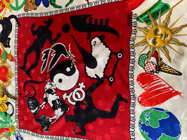 Moschino Vintage 90s Italian Logo Icons Silk Scarf Multicolor at 1stDibs