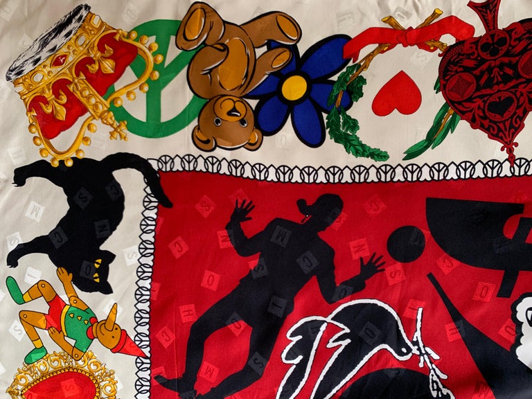 Moschino Vintage 90s Italian Logo Icons Silk Scarf Multicolor at 1stDibs