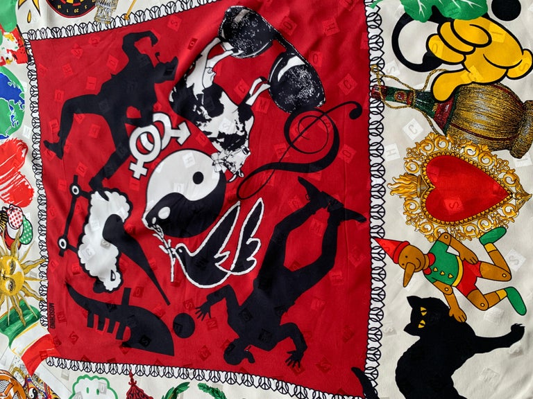 Moschino Vintage 90s Italian Logo Icons Silk Scarf Multicolor at 1stDibs