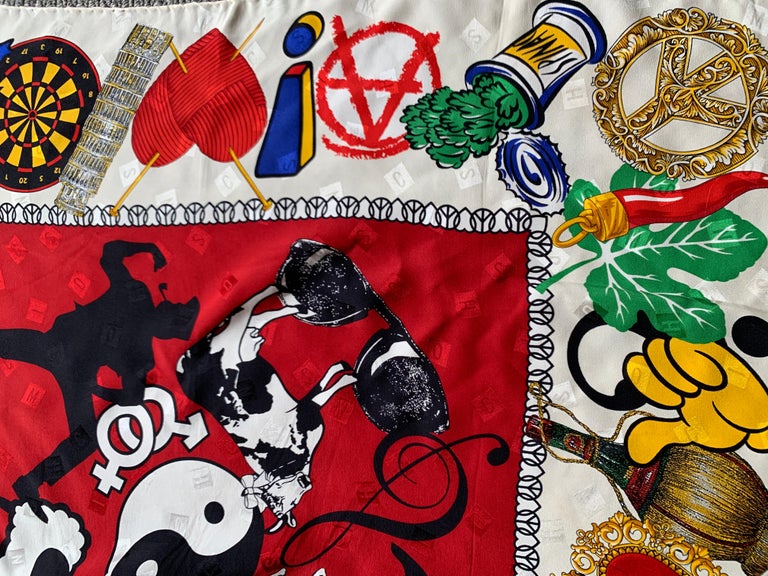 Moschino Vintage 90s Italian Logo Icons Silk Scarf Multicolor at 1stDibs