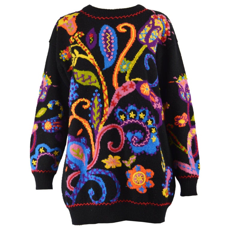 Moschino Vintage Colorful Embroidered Black Wearable Art Wool Sweater ...