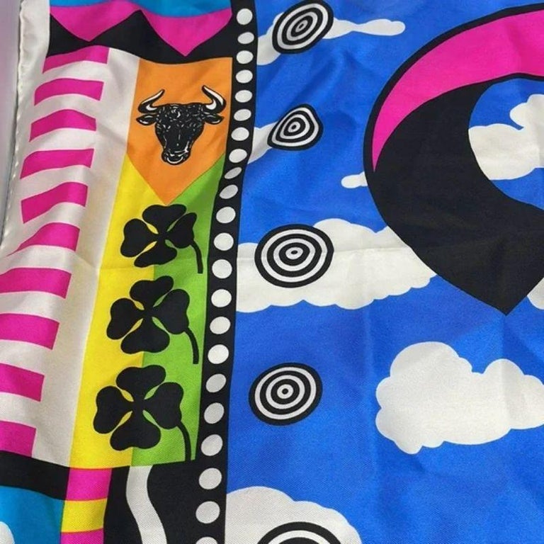 Moschino Vintage Silk Scarf Peace Sign Bull Four Leaf Clover For Sale ...