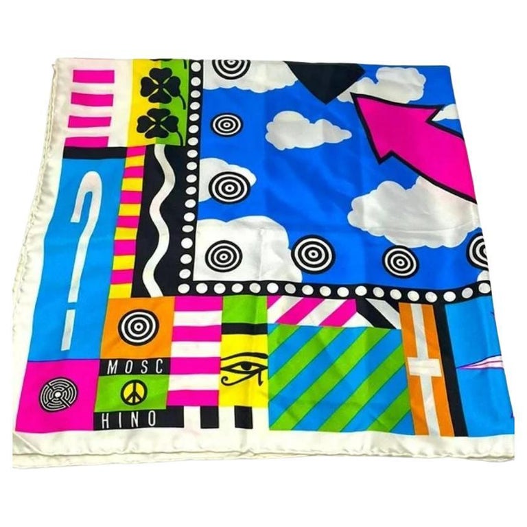 Moschino Vintage Silk Scarf Peace Sign Bull Four Leaf Clover For Sale ...