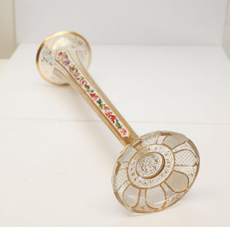 Moser Art Glass Trumpet Form Tall Bud Vase, Hand Painted Enamel, circa ...