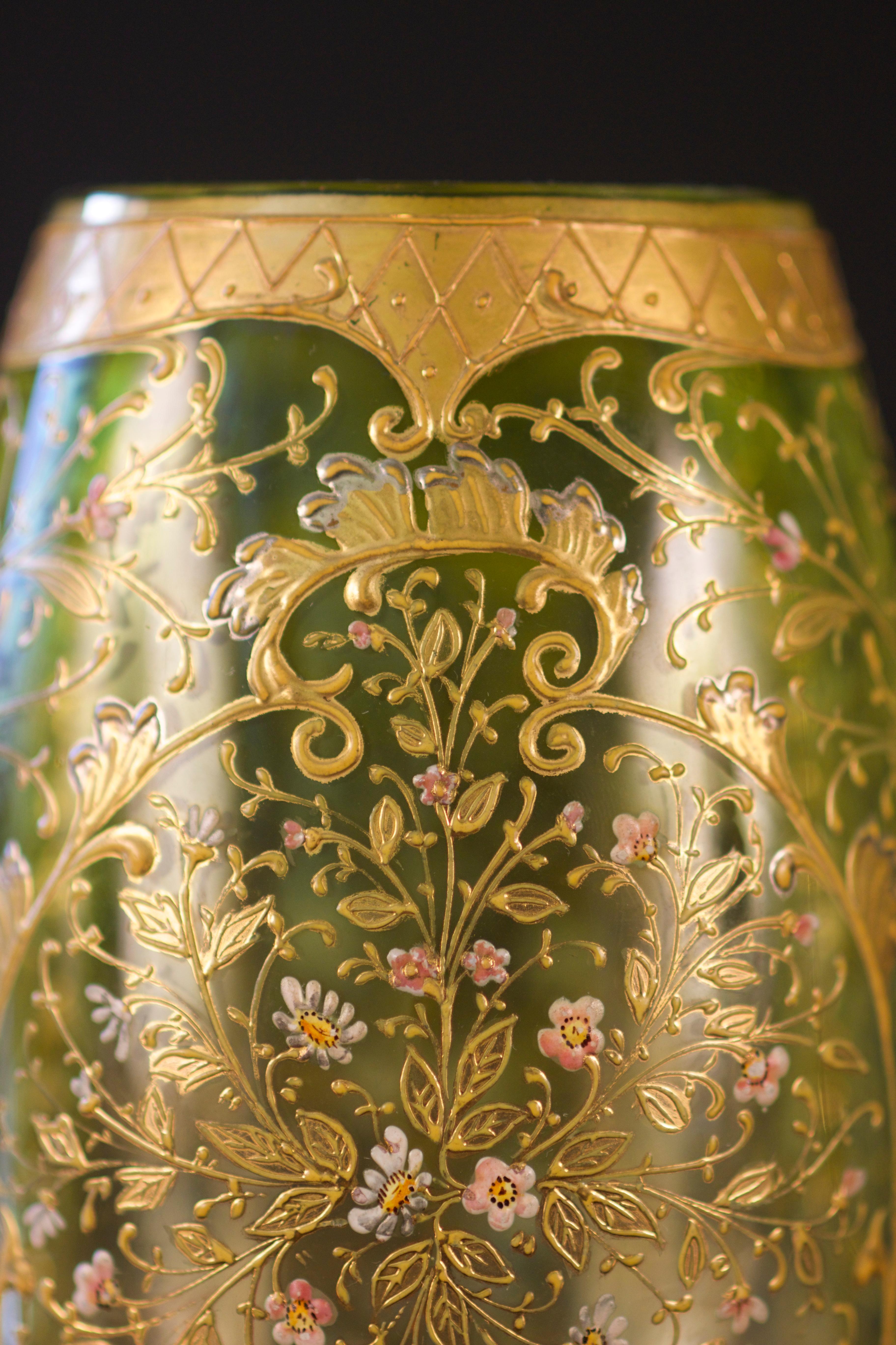 Moser Hand Painted and Gilded Vase, Small Pink Flowers on Green For ...