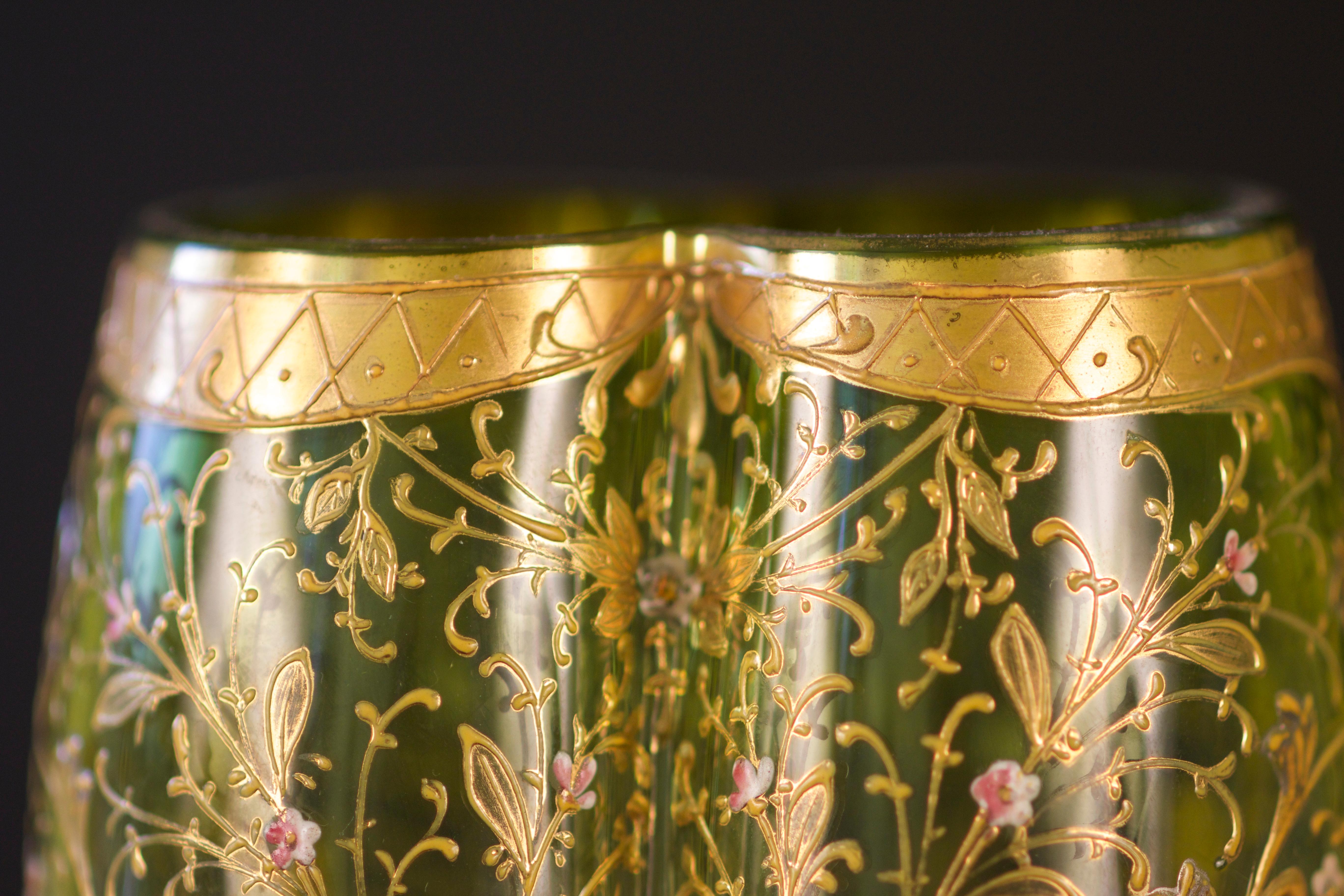Moser Hand Painted and Gilded Vase, Small Pink Flowers on Green For ...