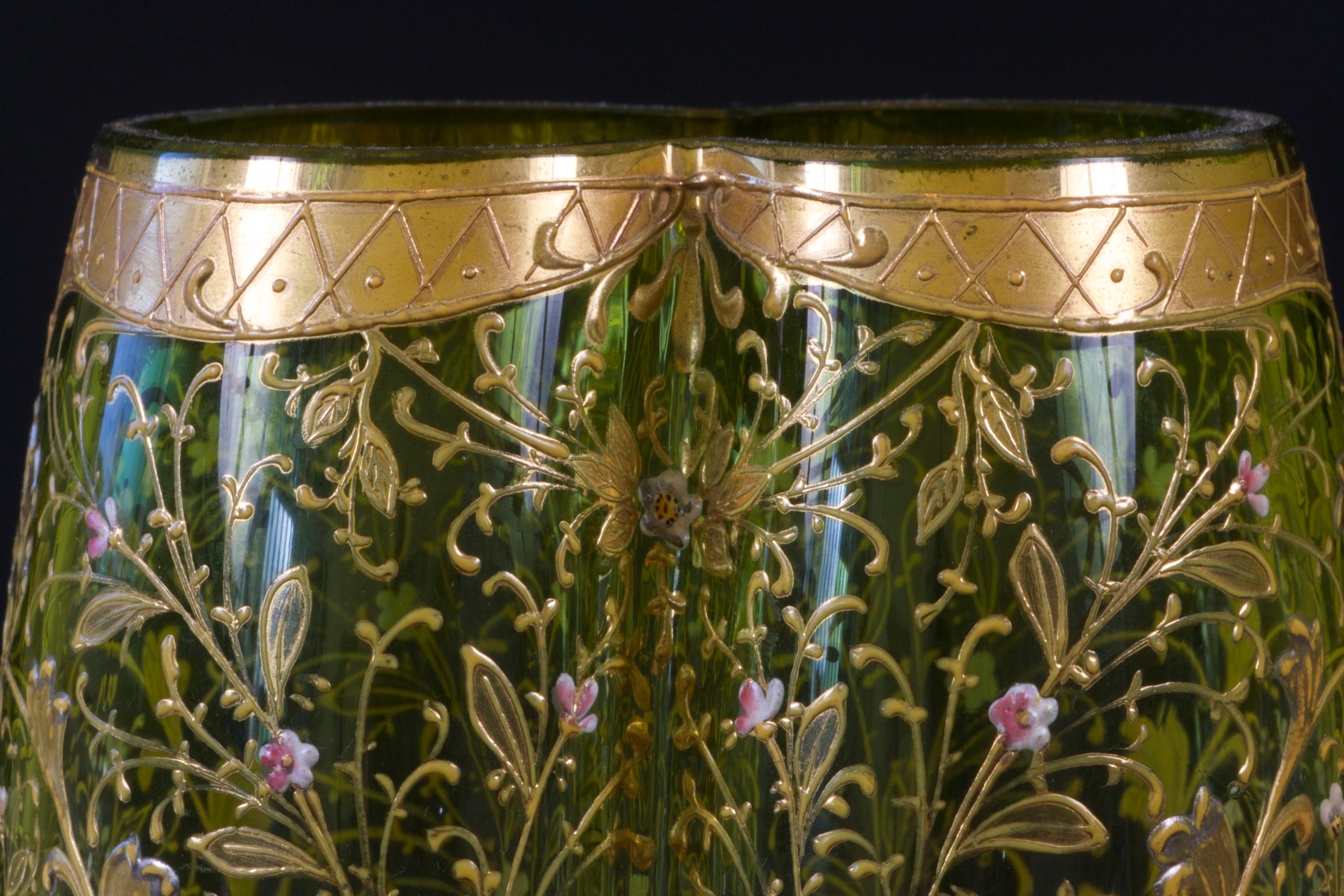 Moser Hand Painted and Gilded Vase, Small Pink Flowers on Green For ...