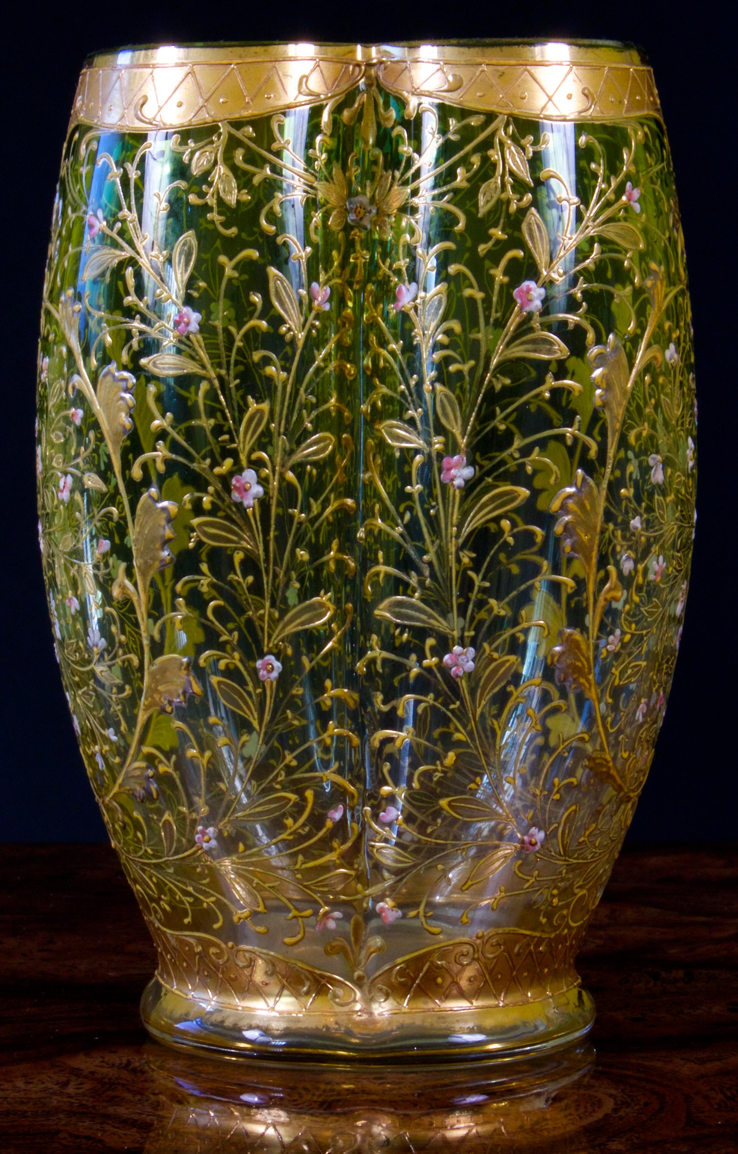 Moser Hand Painted and Gilded Vase, Small Pink Flowers on Green For ...