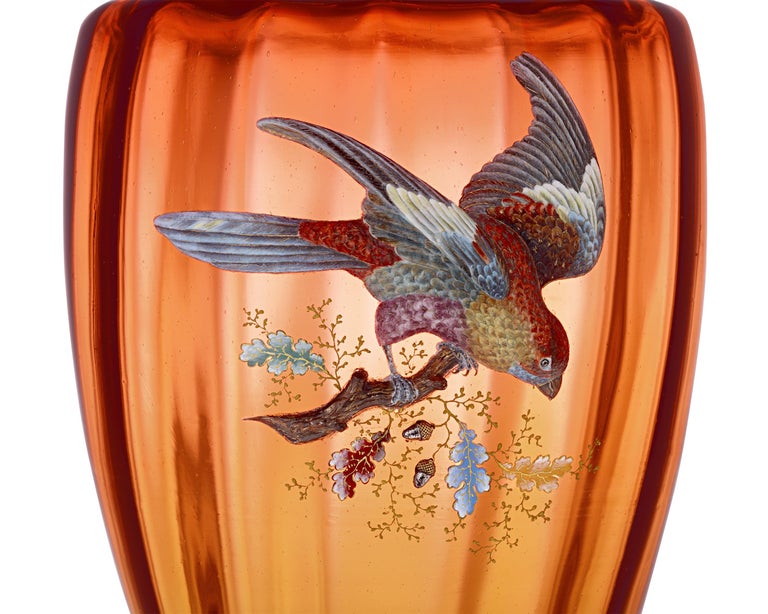 Moser Vase with Gilt and Enamel Bird For Sale at 1stDibs