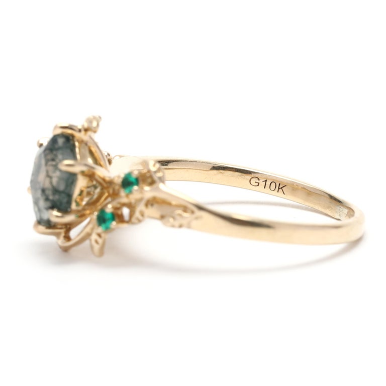 Moss Agate Tsavorite Garnet Vine Ring, 10k Yellow Gold, Ring Dainty For Sale at 1stDibs