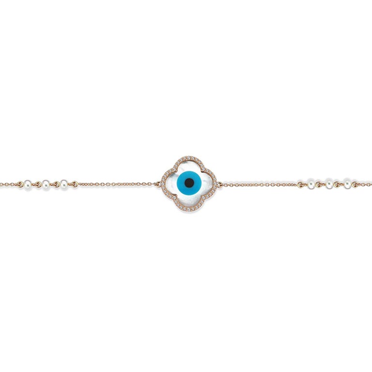 Mother of Pearl 18 Karat Rose Gold Diamond Evil Eye Luck Tennis Bracelet For Sale at 1stDibs