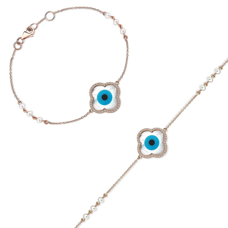 Mother of Pearl 18 Karat Rose Gold Diamond Evil Eye Luck Tennis Bracelet For Sale at 1stDibs