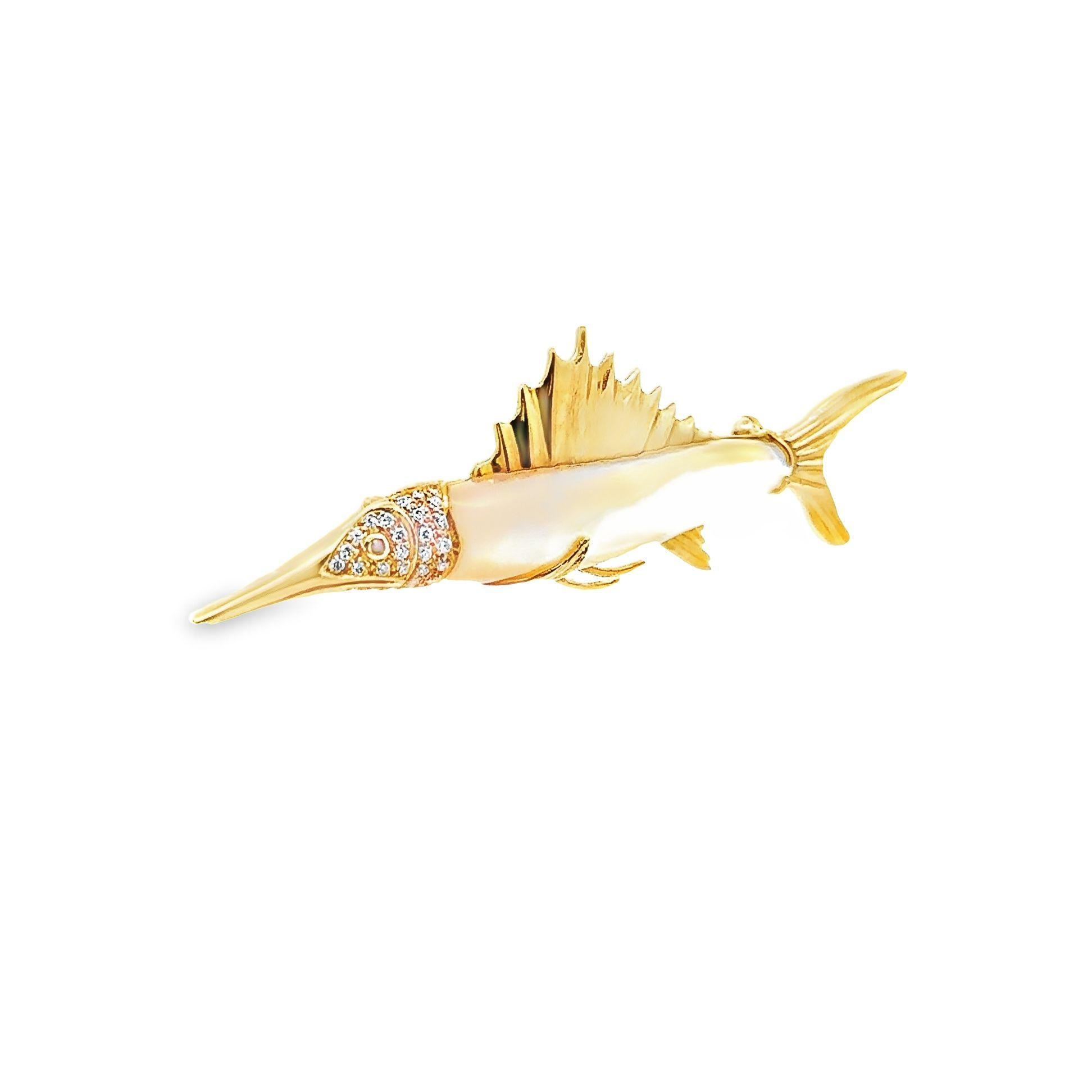 Mother-of-Pearl Diamond 18k Yellow Gold Marlin Fish Brooch For Sale at ...