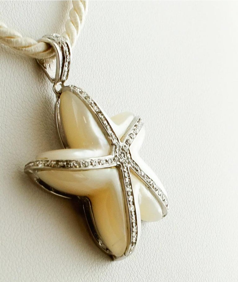 White Stone, Diamonds, 14 Karat White Gold, Star-Shaped Retro Pendant ...