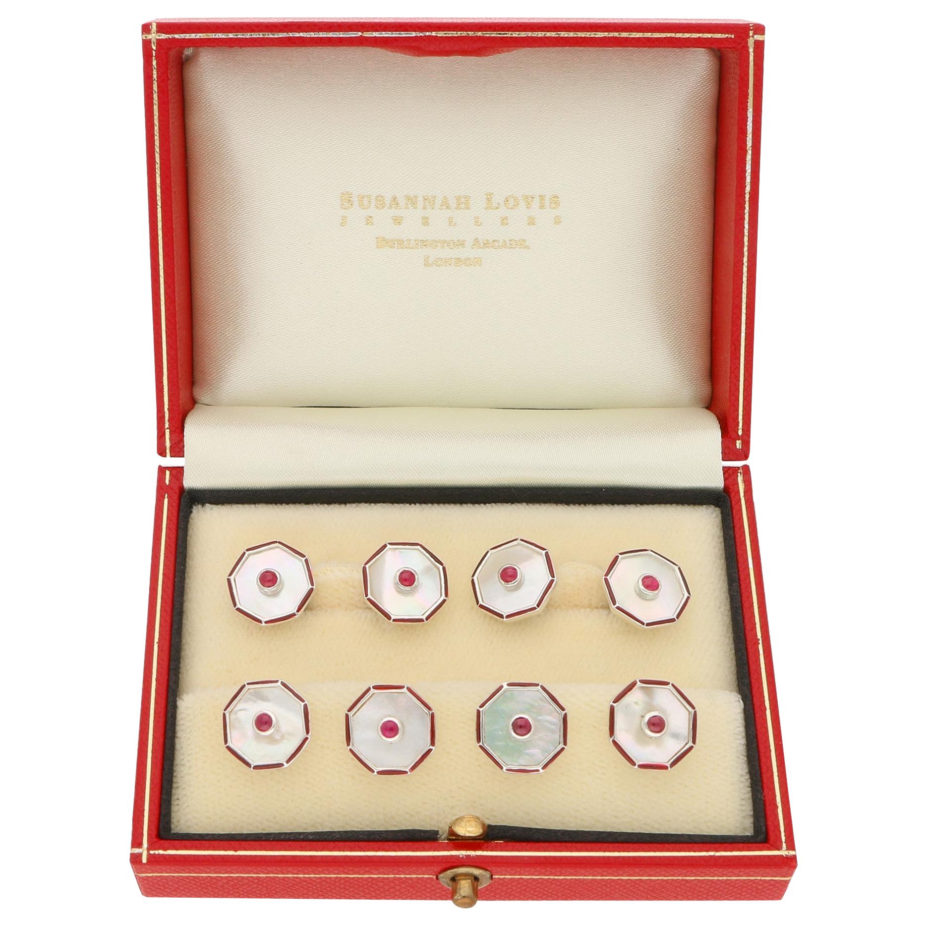 Mother of Pearl, Ruby and Enamel Cufflink and Shirt Stud Set in Solid ...