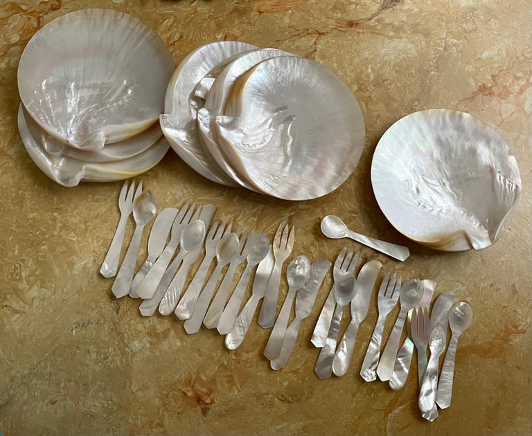 Mother of Pearl Seashell Caviar Dish with Cutlery, 8 Complete Sets at ...