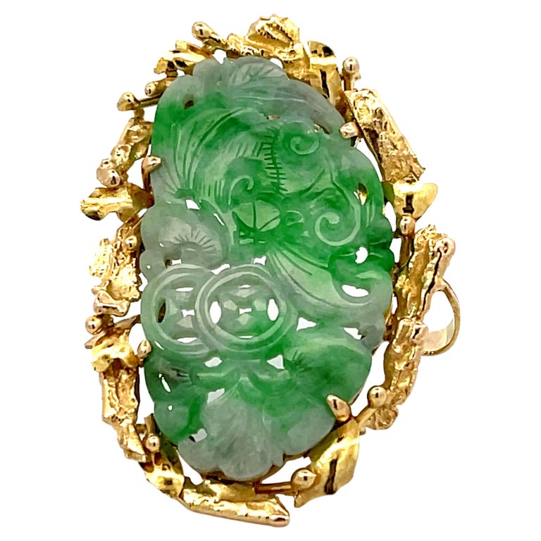 Mottled Green Pierced Jade and Gold Brooch/Pendant in 14k Yellow Gold ...