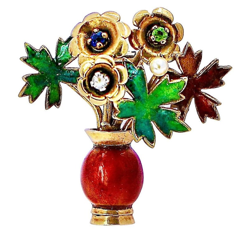 Moubaussin Gold, Enamel, Diamond and Pearl Flower Bouquet in Vase ...