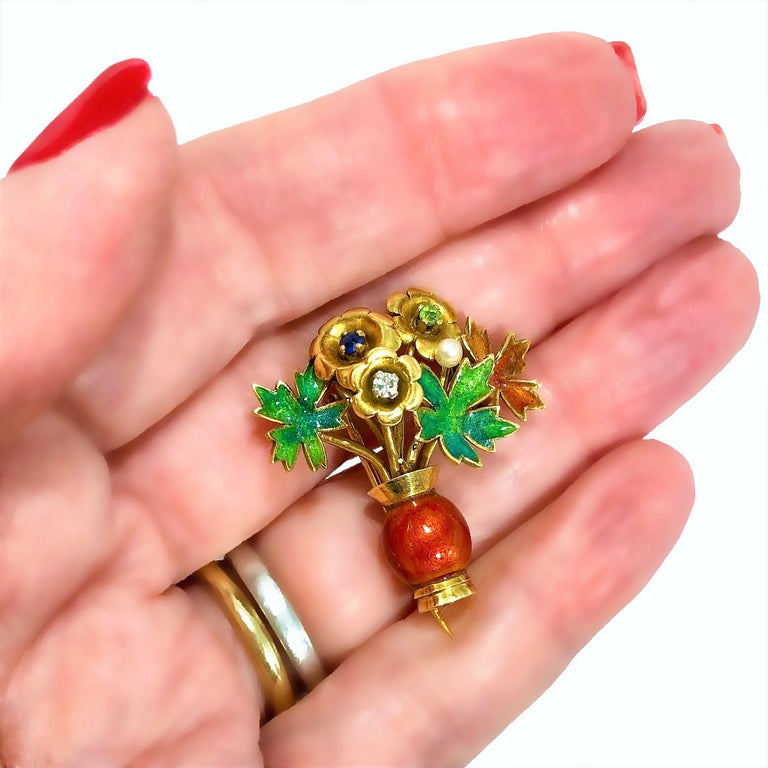 Moubaussin Gold, Enamel, Diamond and Pearl Flower Bouquet in Vase ...