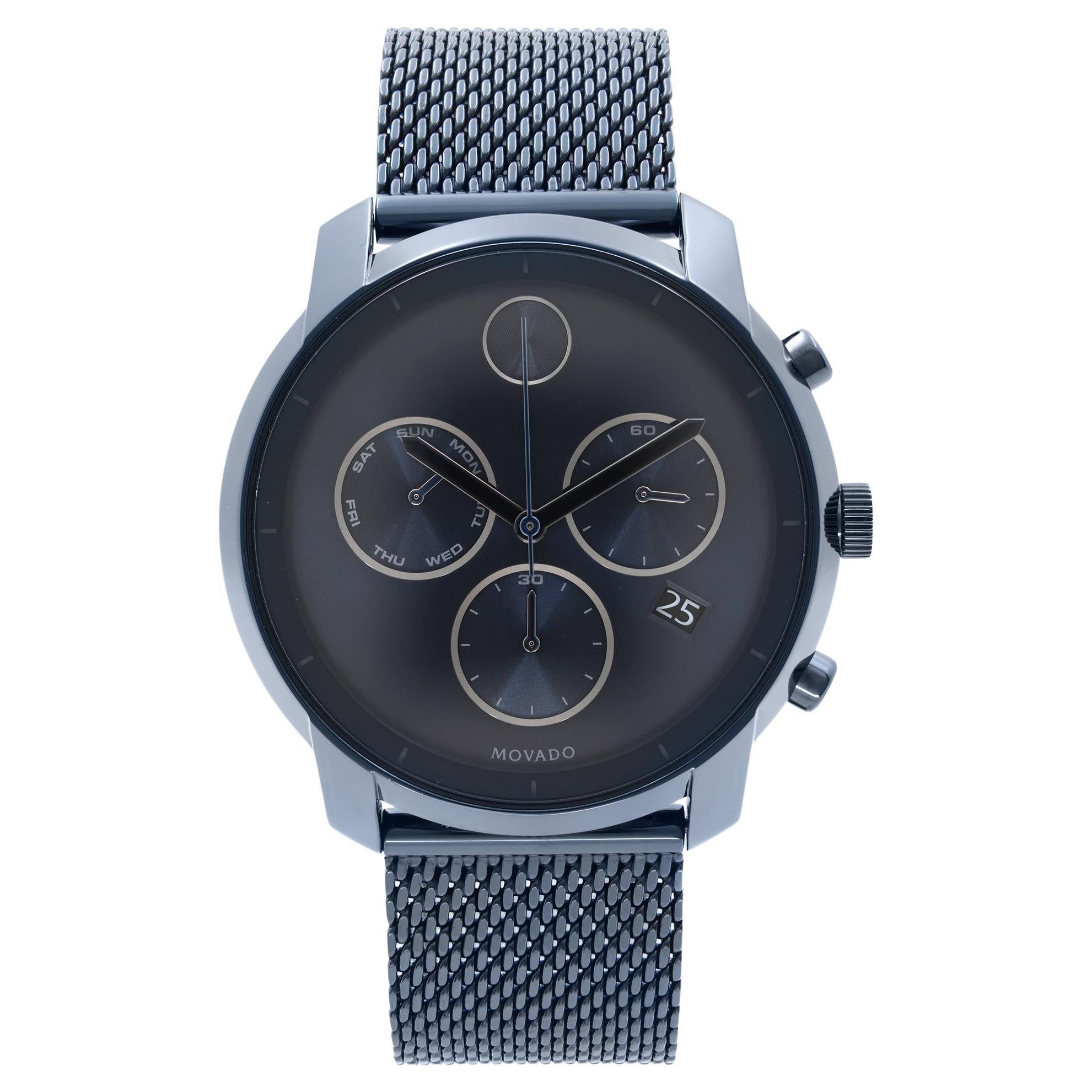 Movado Bold Steel Plastic Leather Blue Metallic Dial Quartz Men’s Watch ...
