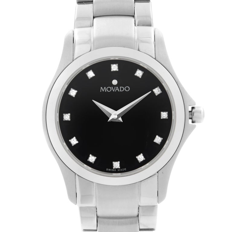 Movado Masino Steel Black Diamond Dial Quartz Ladies Watch 0606186 For ...