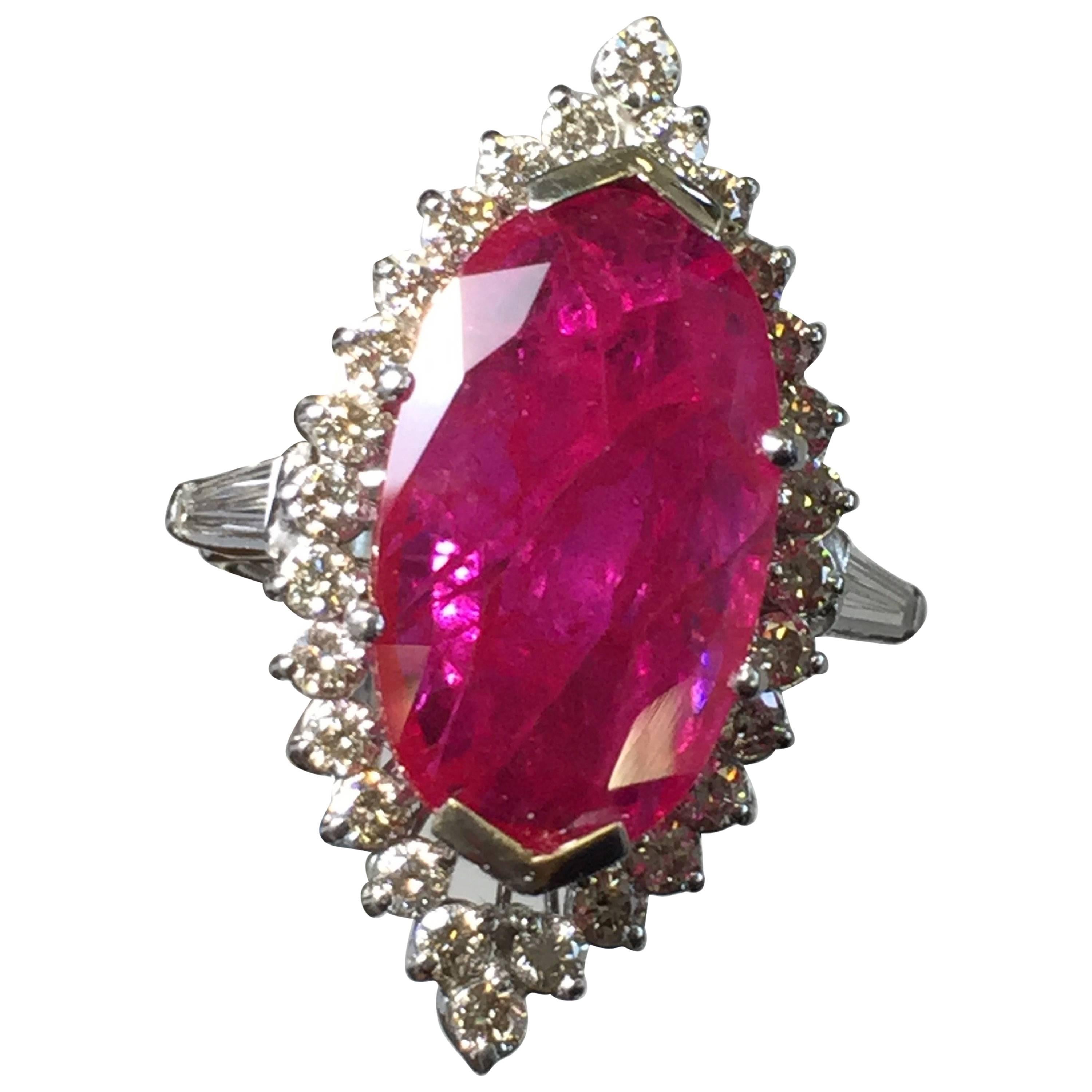 Burma Red Ruby Oval and Diamond Platinum Cocktail Ring at 1stDibs