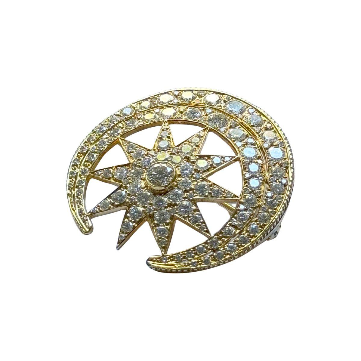 MASSIVE OVER 12 cts Halfmoon Star Diamond Gold Brooch For Sale at 1stDibs