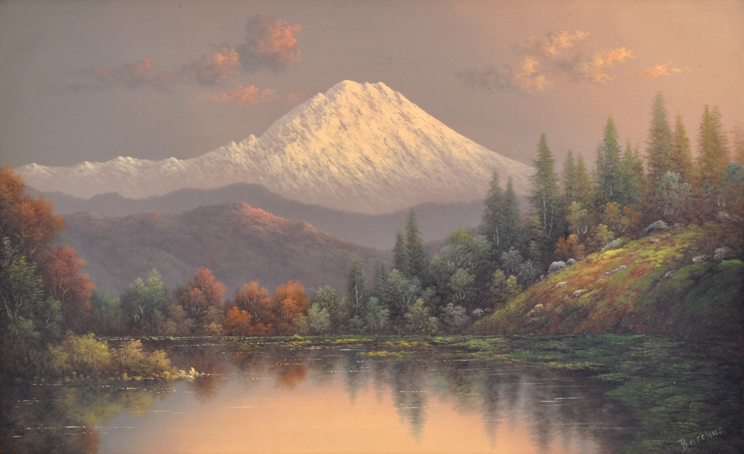 Mt. Rainier, Washington Antique Oil Painting on Canvas, Eliza Barchus ...