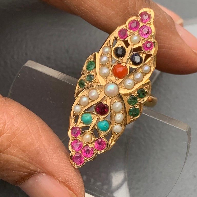 Mughal 15 Karat Gold Gemstones Pearl Cocktail Ring For Sale at 1stDibs