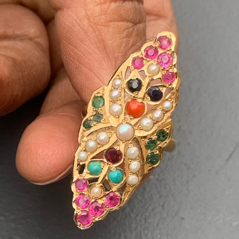 Mughal 15 Karat Gold Gemstones Pearl Cocktail Ring For Sale at 1stDibs