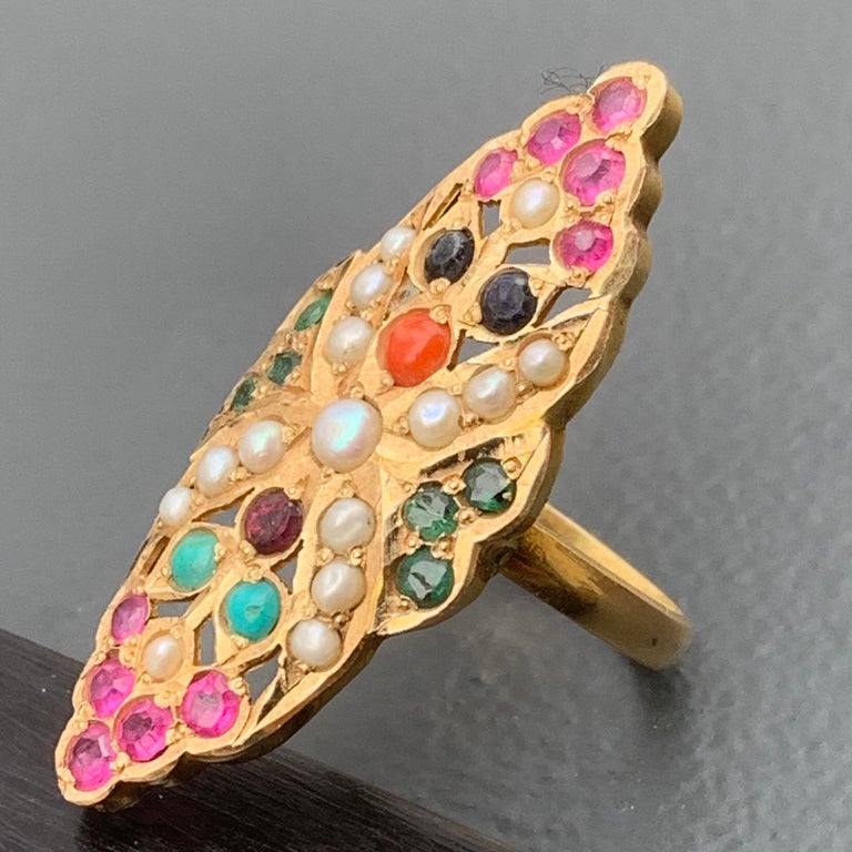 Mughal 15 Karat Gold Gemstones Pearl Cocktail Ring For Sale at 1stDibs