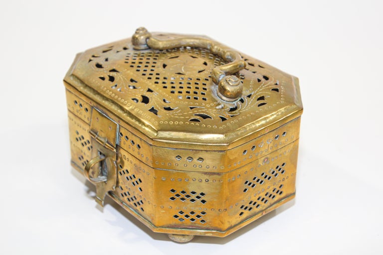 Mughal Indian Polished Brass Pierced Incense Box For Sale at 1stDibs