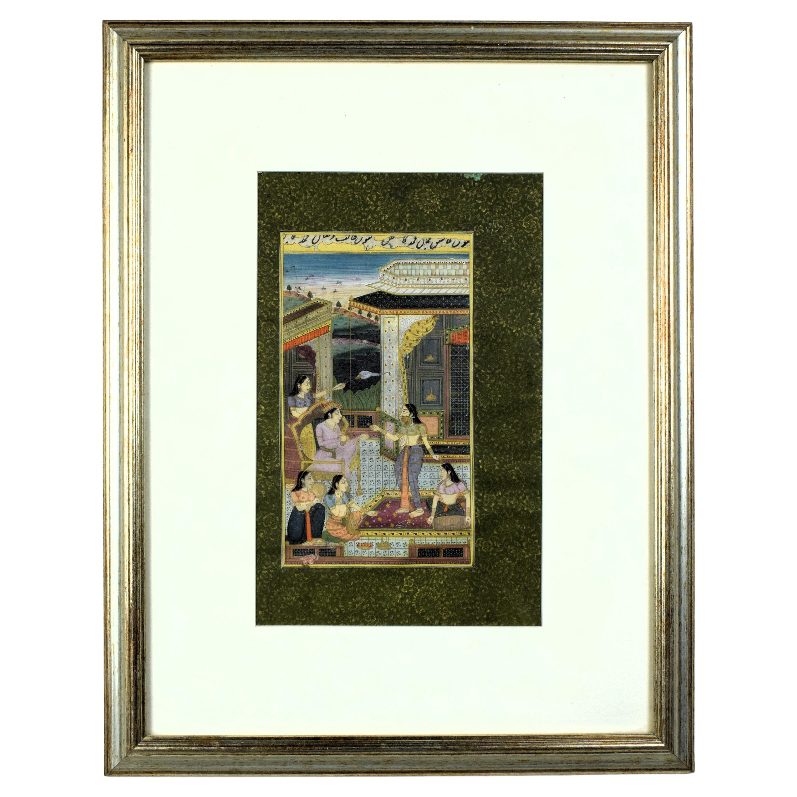 An Indian miniature painting depicting a prince surprising bathing ...