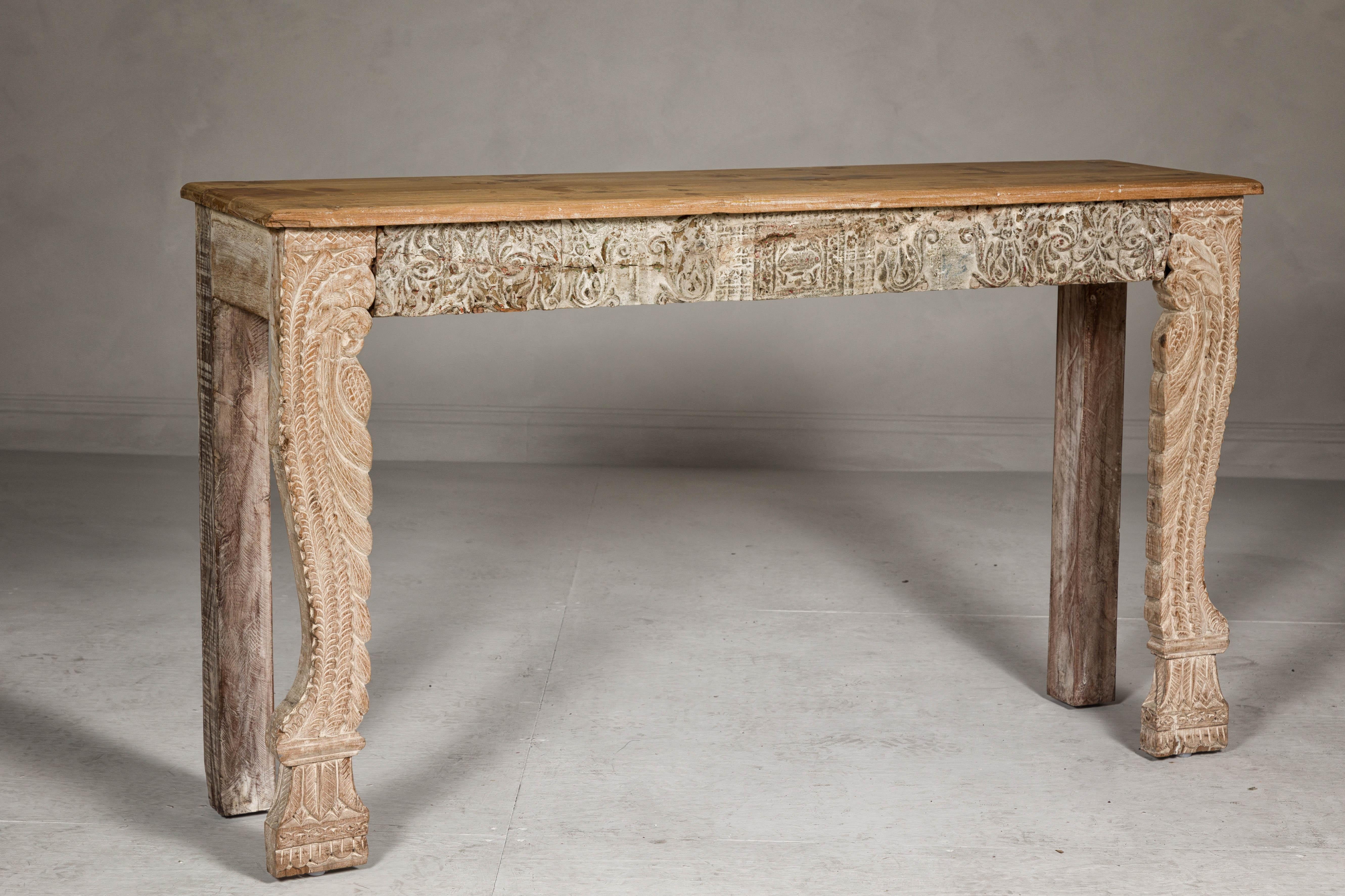 Mughal Style Whitewash Console Table with Foliage Carved Apron and Legs ...