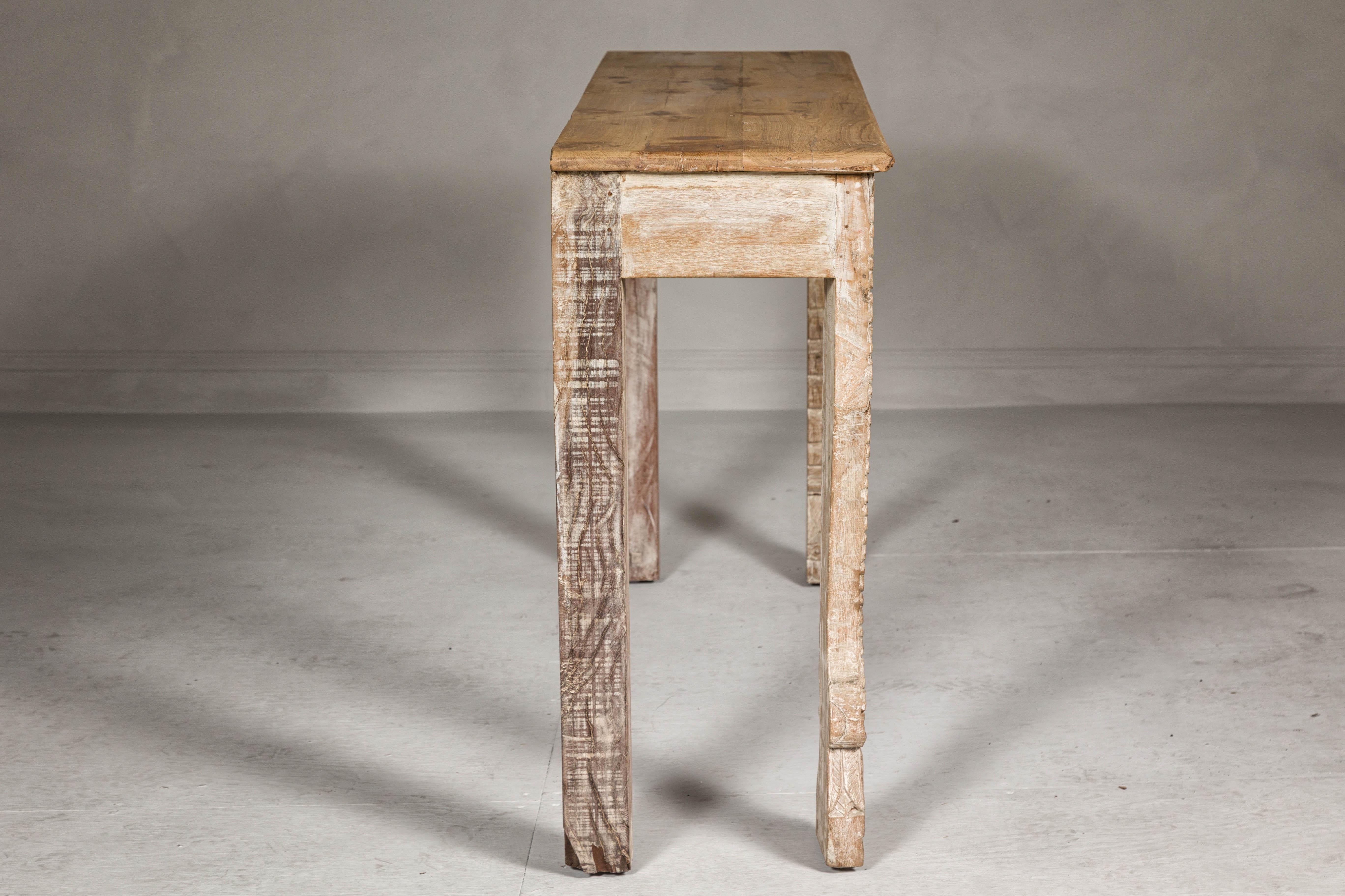 Mughal Style Whitewash Console Table with Foliage Carved Apron and Legs ...