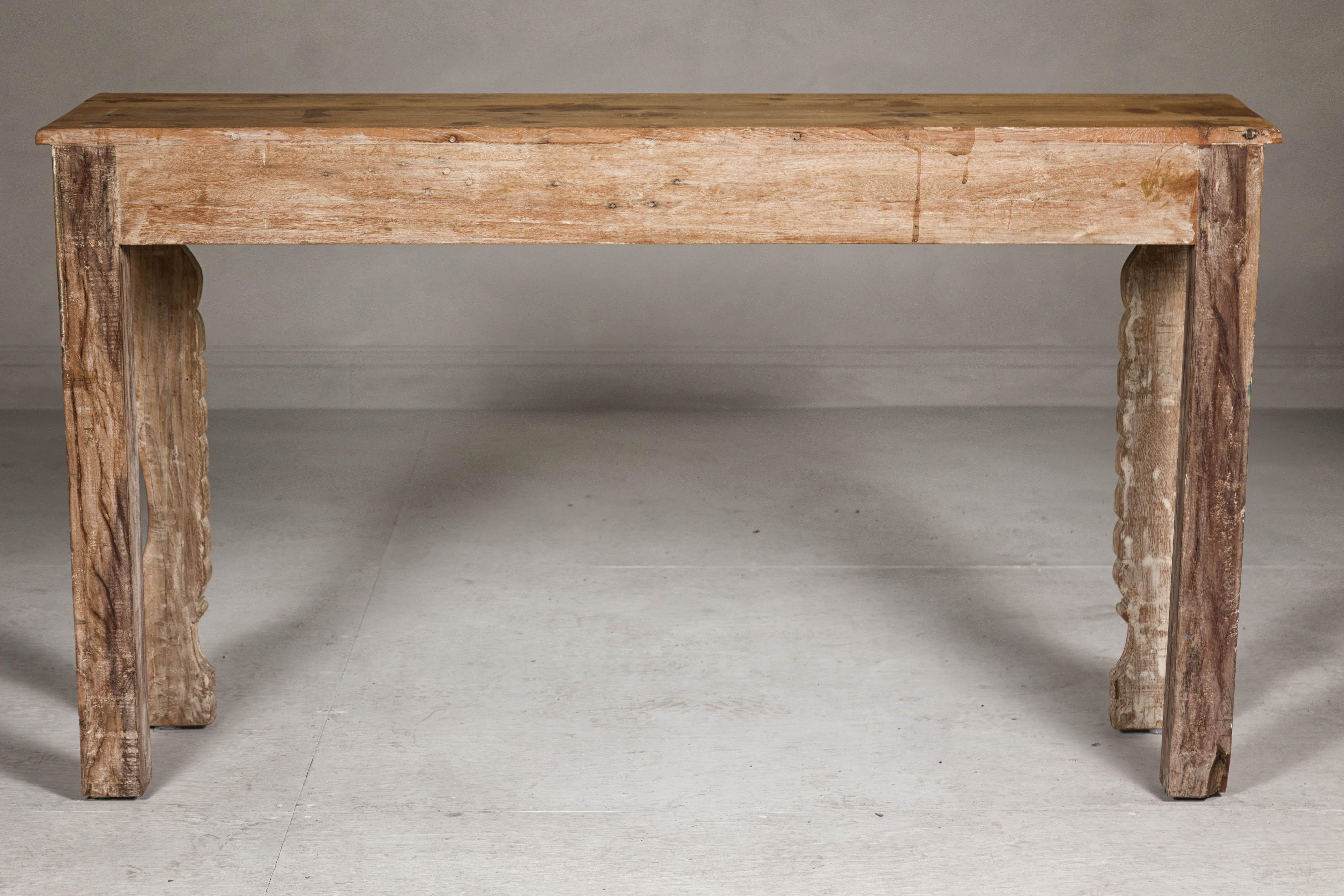 Mughal Style Whitewash Console Table with Foliage Carved Apron and Legs ...