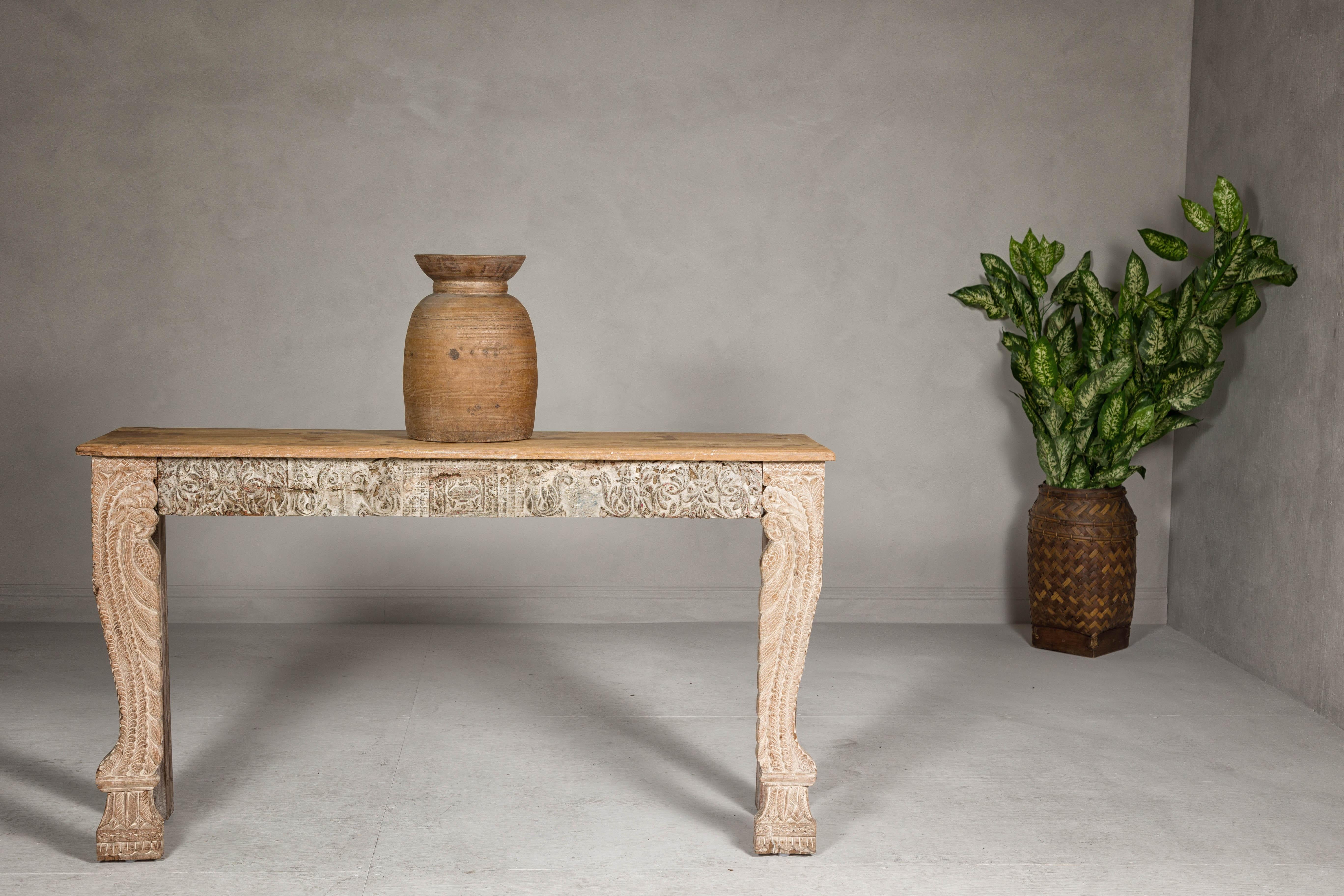 Mughal Style Whitewash Console Table with Foliage Carved Apron and Legs ...