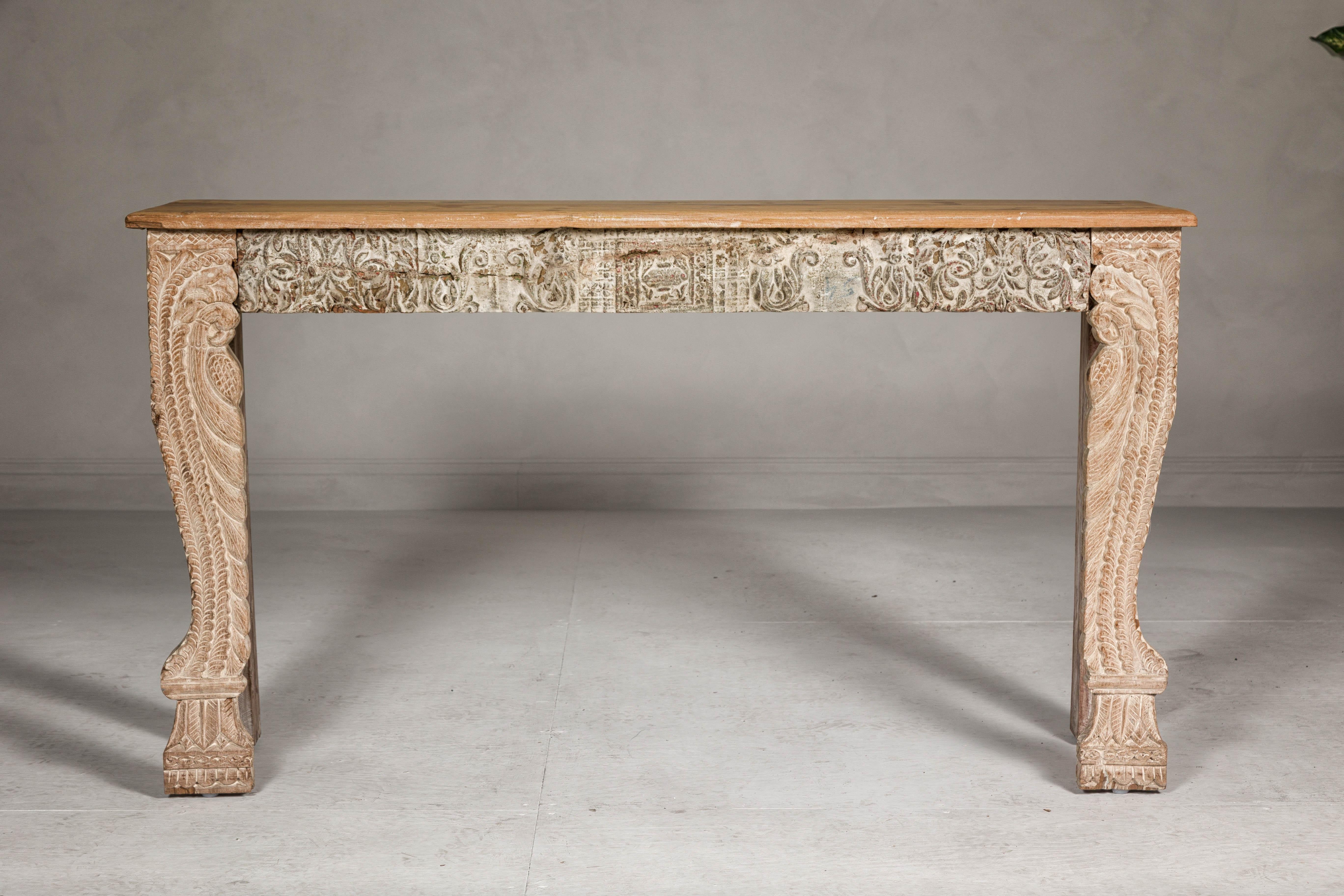 Mughal Style Whitewash Console Table with Foliage Carved Apron and Legs ...