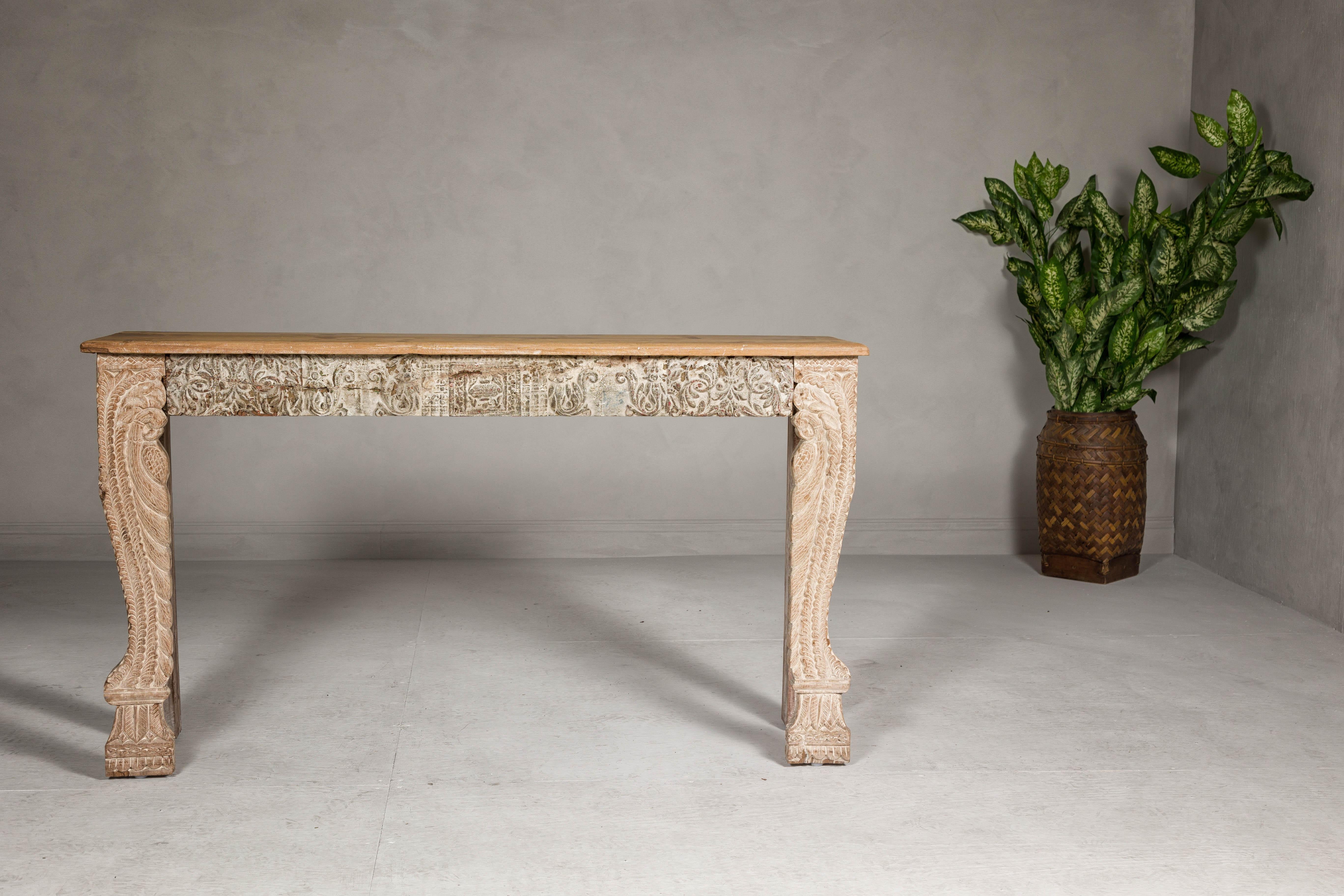Mughal Style Whitewash Console Table with Foliage Carved Apron and Legs ...