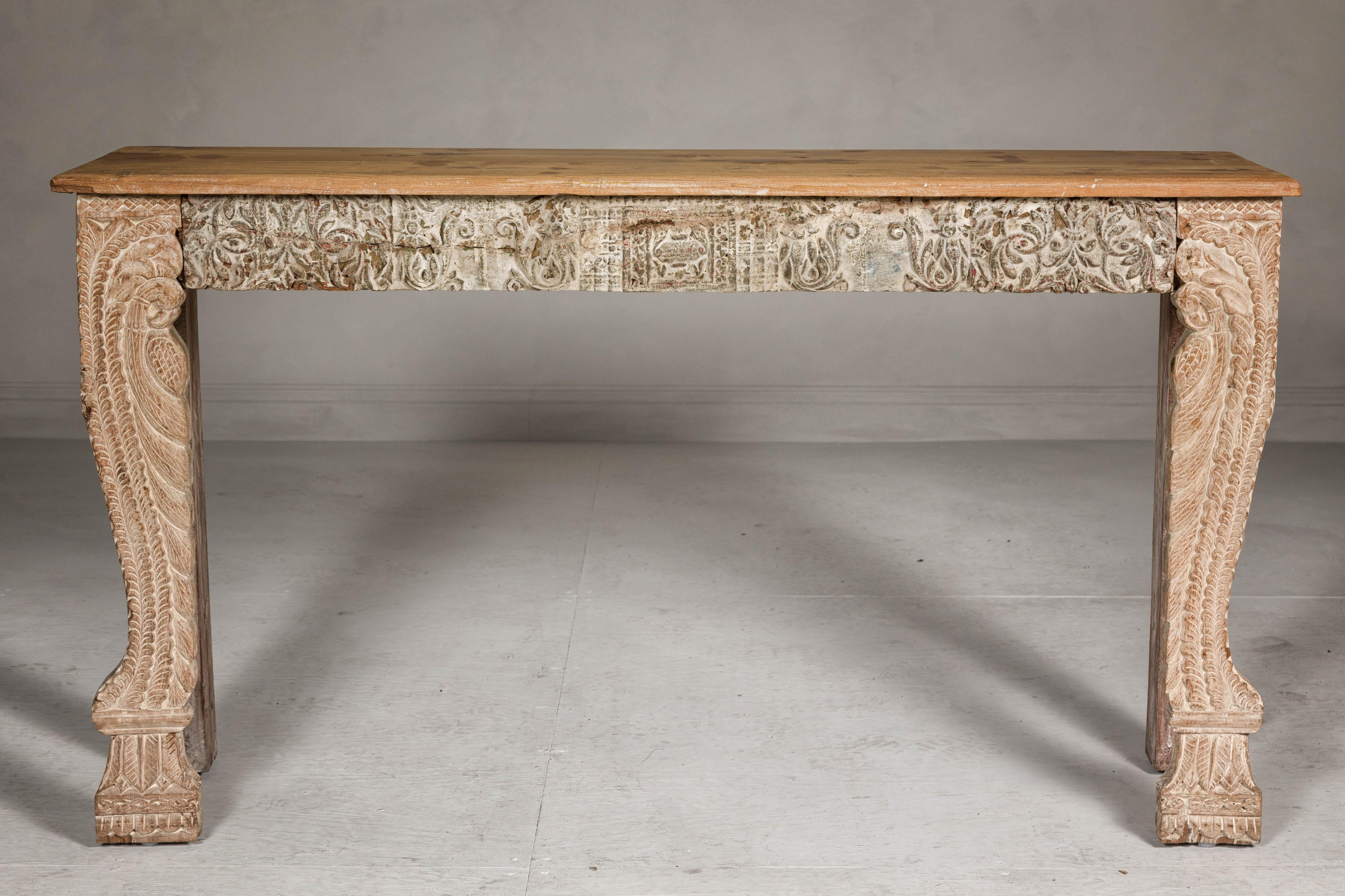 Mughal Style Whitewash Console Table with Foliage Carved Apron and Legs ...