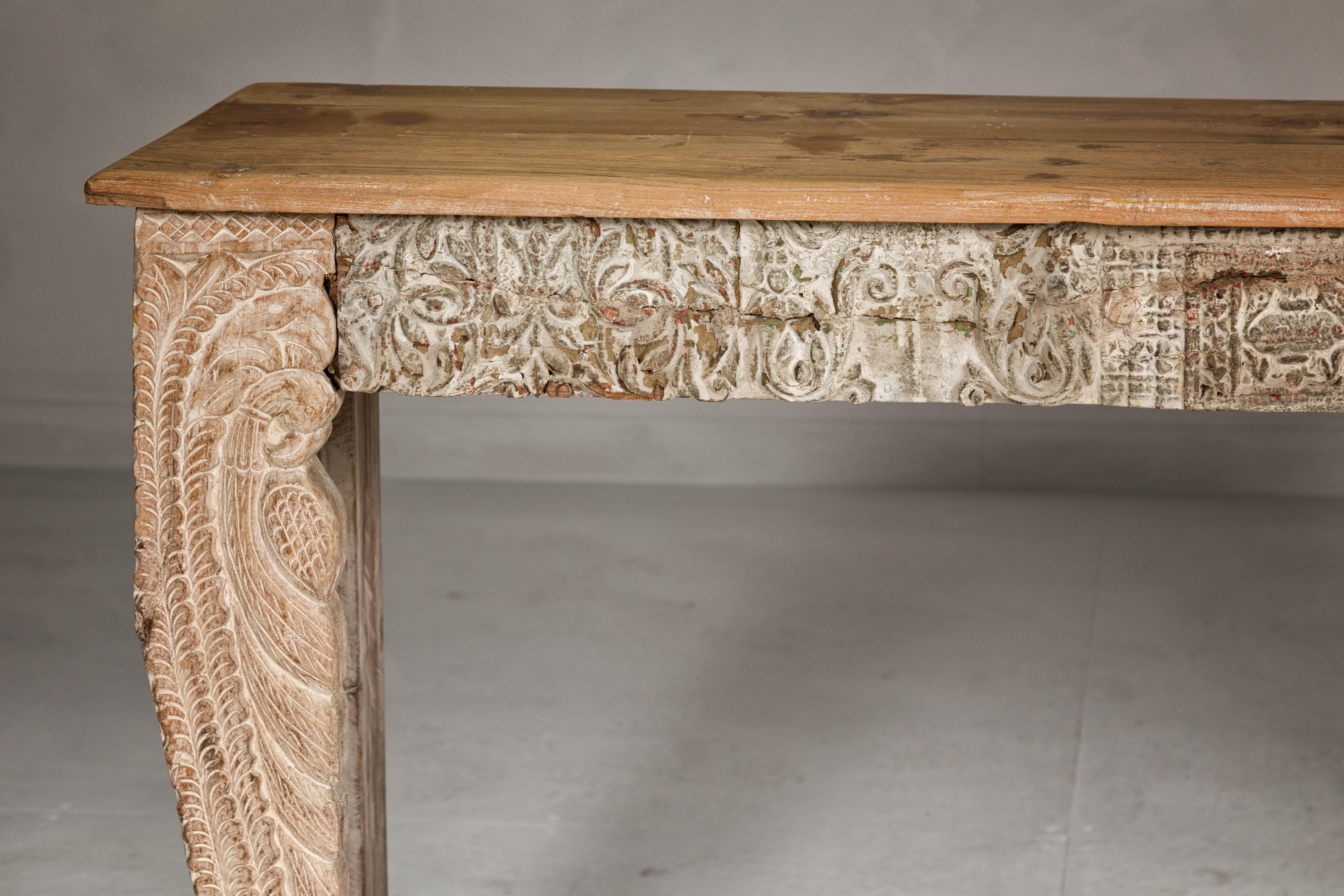 Mughal Style Whitewash Console Table with Foliage Carved Apron and Legs ...