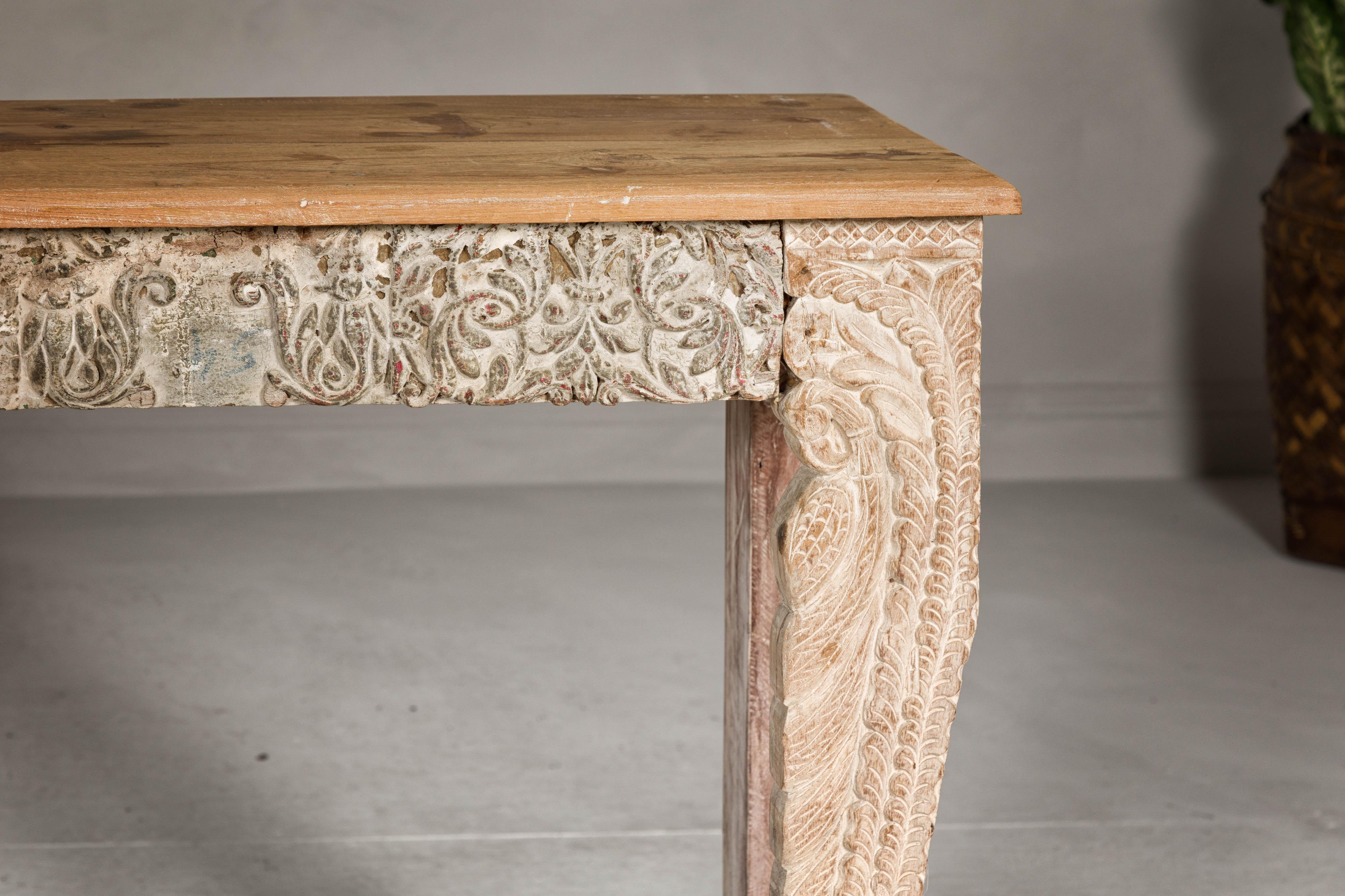 Mughal Style Whitewash Console Table with Foliage Carved Apron and Legs ...