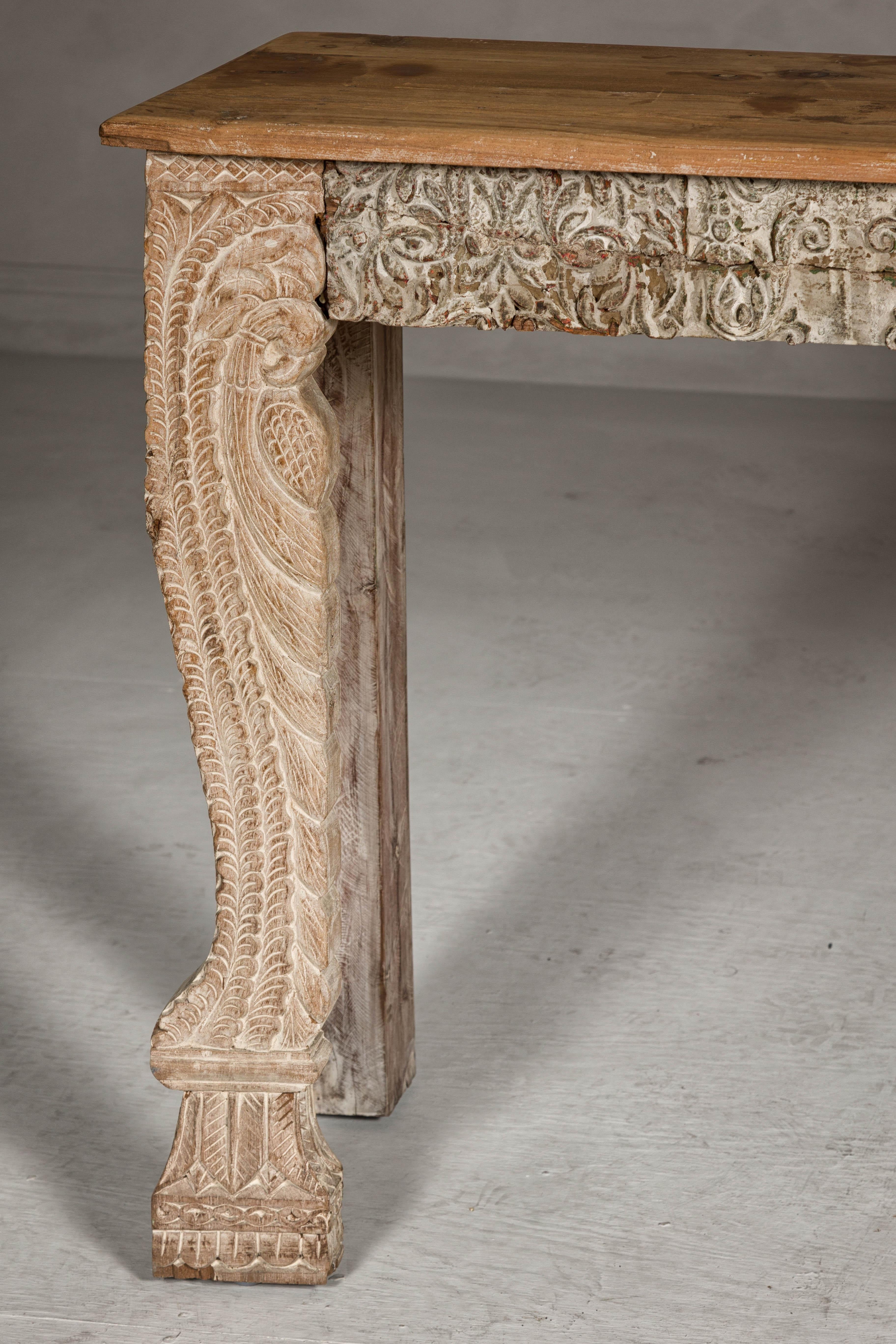 Mughal Style Whitewash Console Table with Foliage Carved Apron and Legs ...