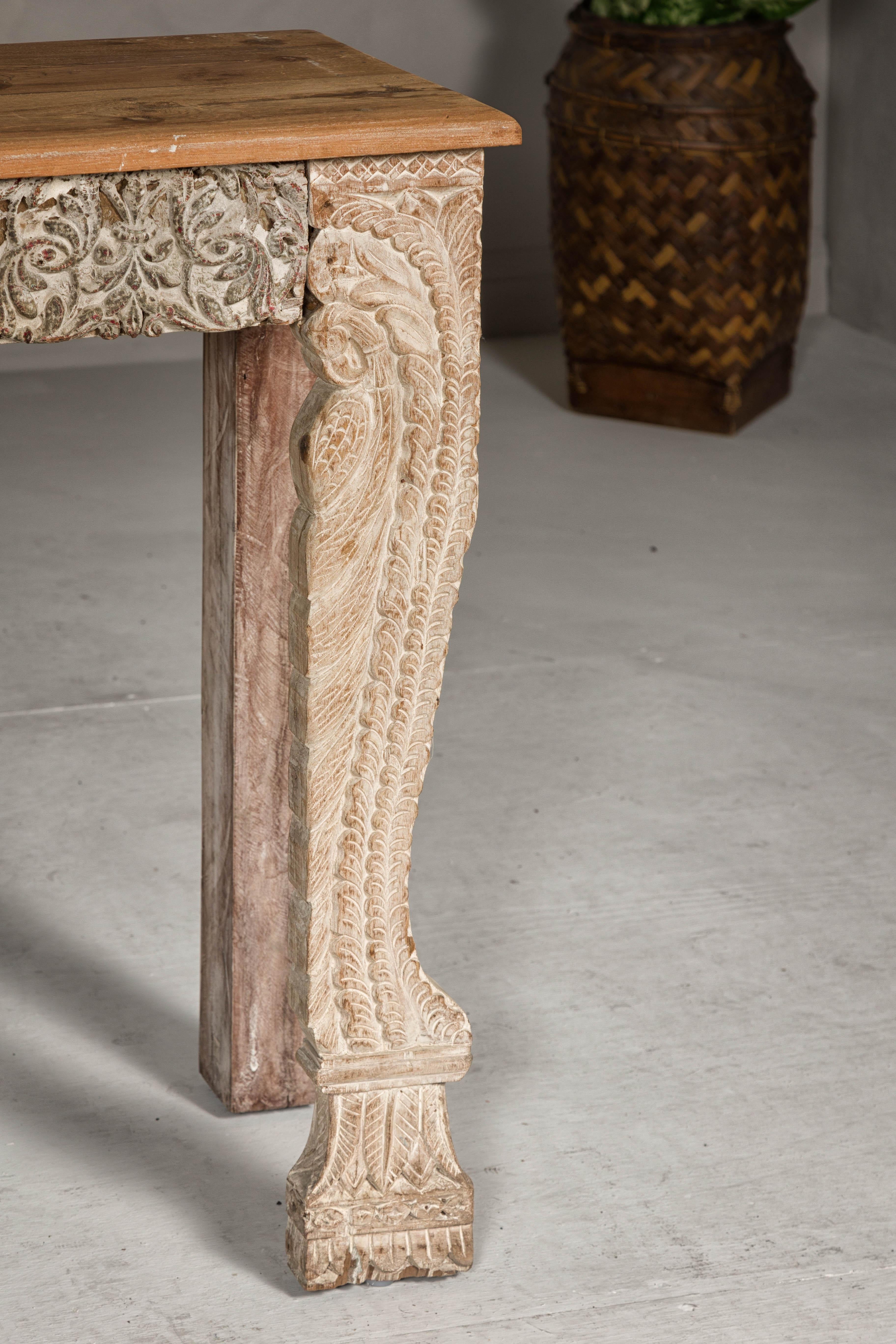 Mughal Style Whitewash Console Table with Foliage Carved Apron and Legs ...