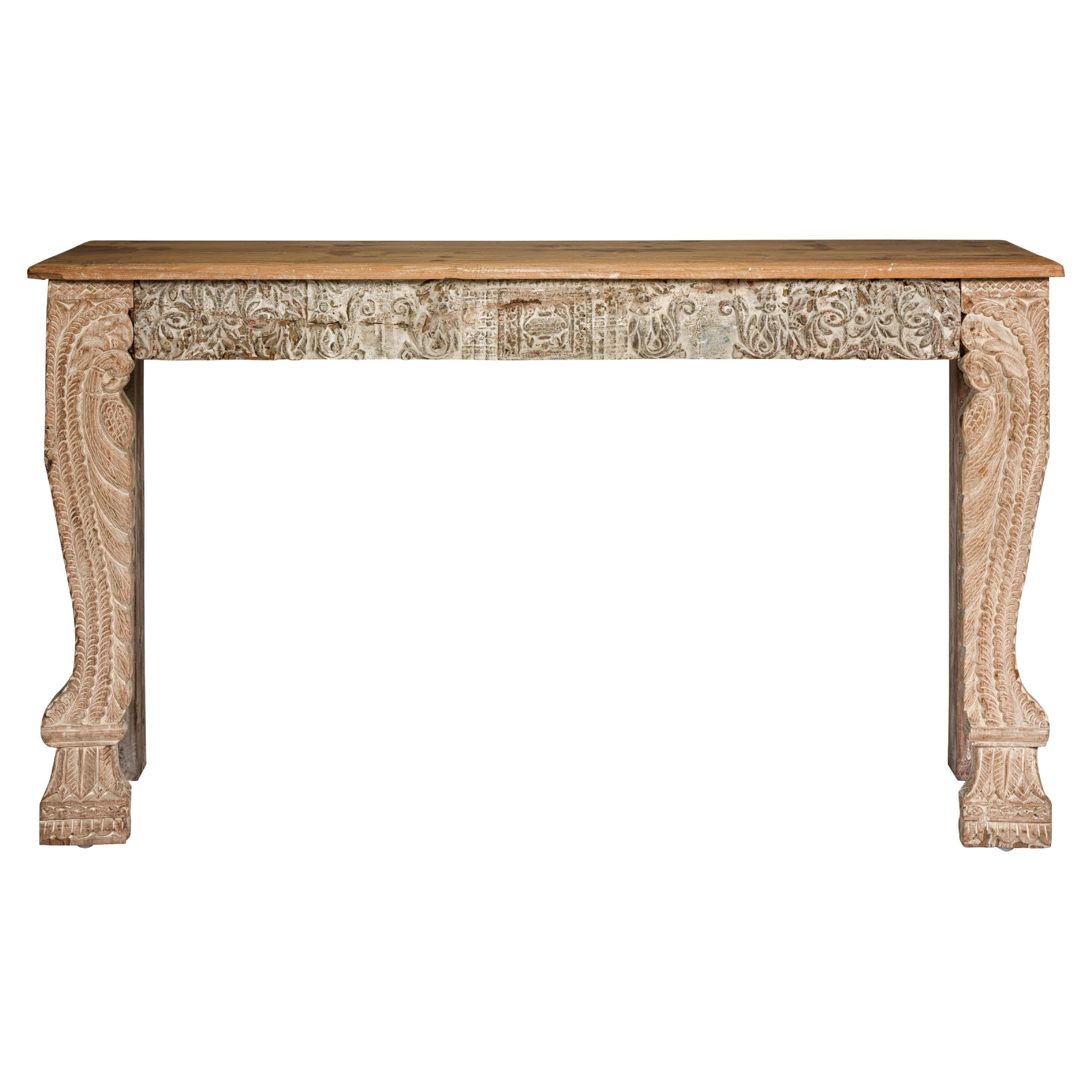 Mughal Style Whitewash Console Table with Foliage Carved Apron and Legs ...