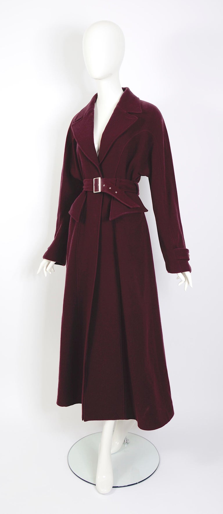 Mugler 1980s vintage iconic design 100% wool belted burgundy maxi coat ...